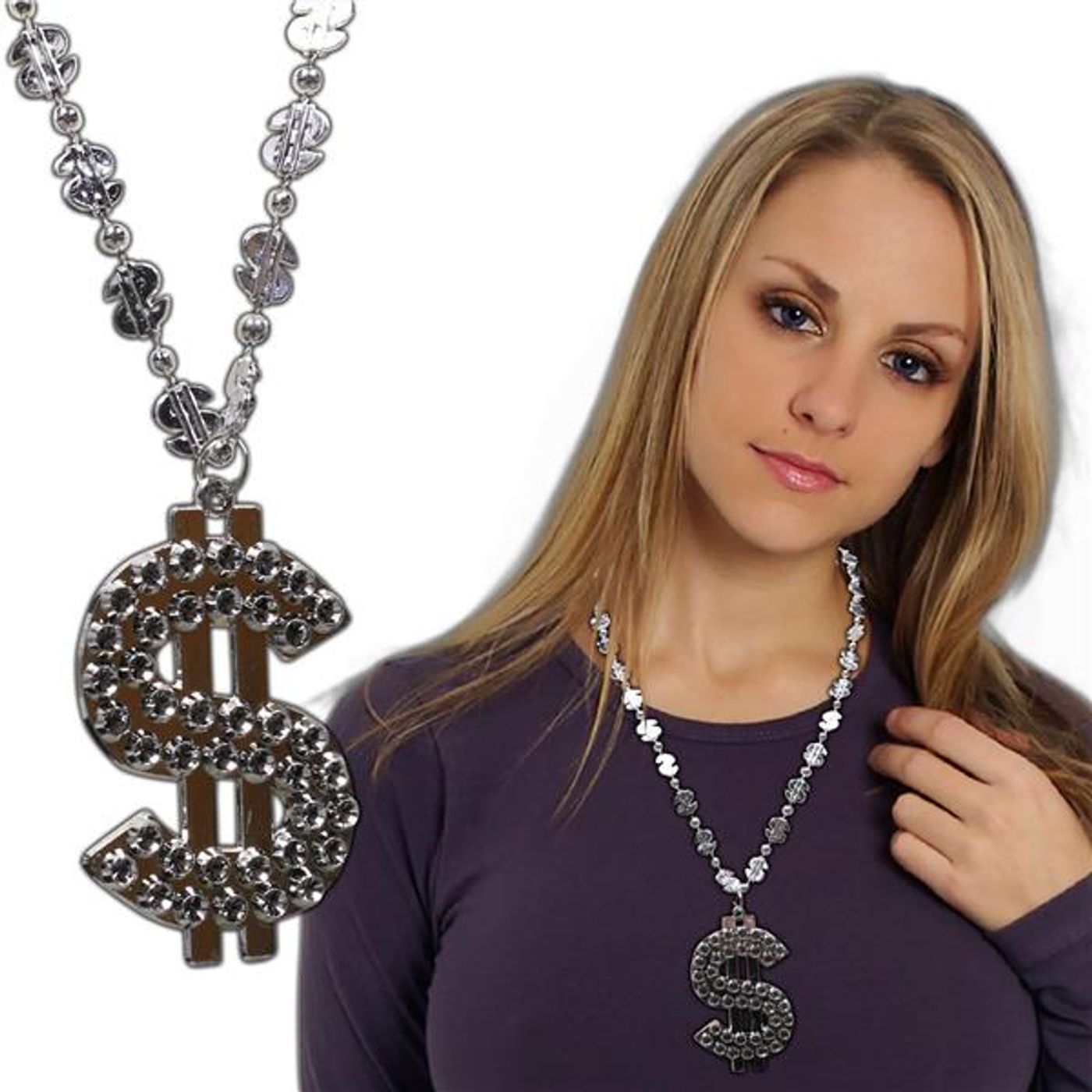 Silver Dollar Sign 24" Necklace | CustomLanyard.net | SKU# 11414