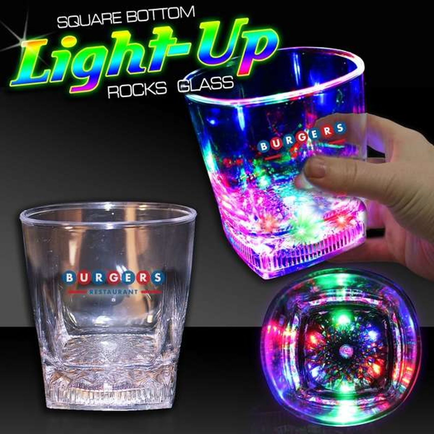 Square Bottom LED Rocks Glass - 10 oz | CustomLanyard.net | SKU# 4395